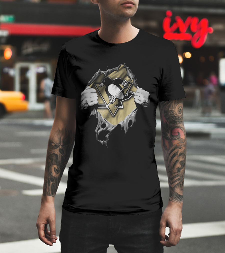 Pittsburgh Penguins Torn Hockey Logo With Ripped Hands T-Shirt