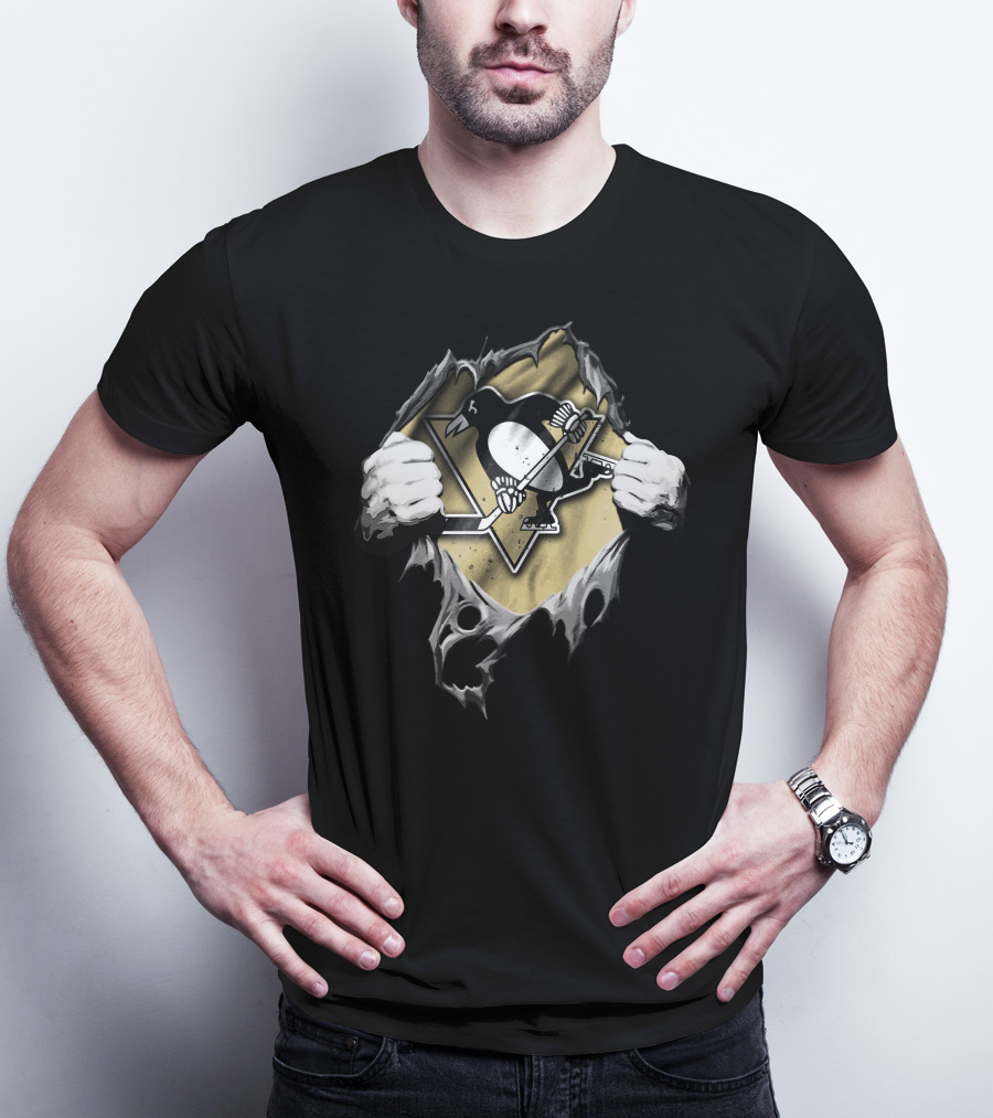 Pittsburgh Penguins Torn Hockey Logo With Ripped Hands T-Shirt