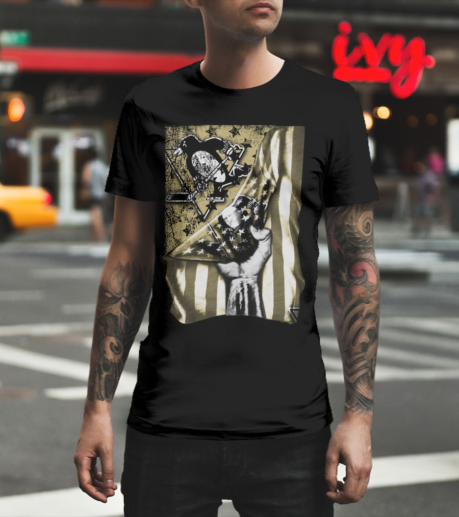 Pittsburgh Penguins Logo With American Flag And Raised Fist T-Shirt