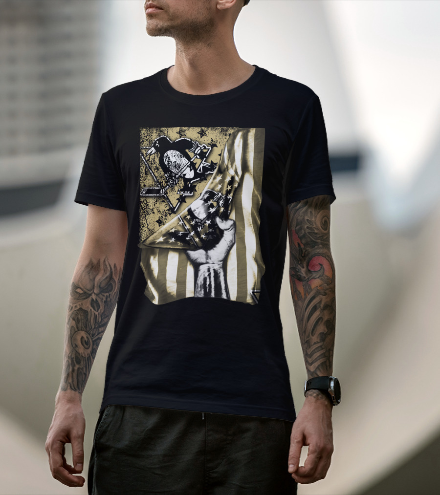 Pittsburgh Penguins Logo With American Flag And Raised Fist T-Shirt