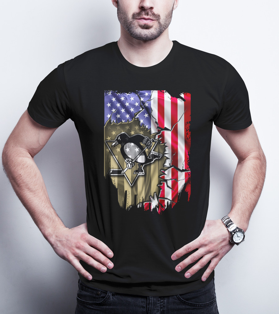 Pittsburgh Penguins American Flag Ripped Background T-Shirt