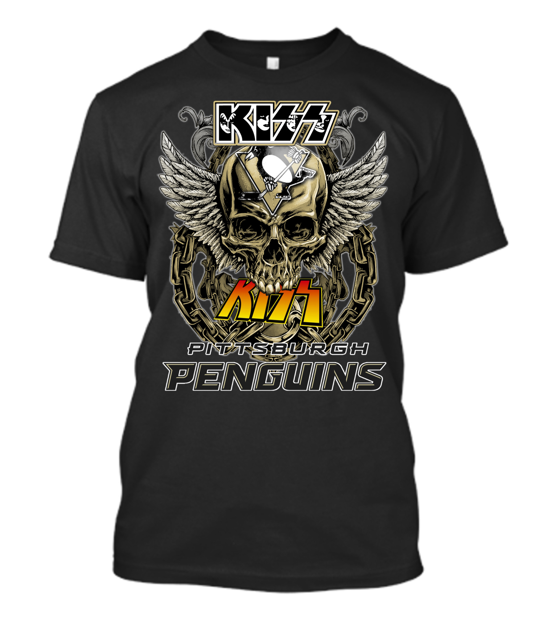 Kiss Pittsburgh Penguins Skull Wings Chains T-Shirt