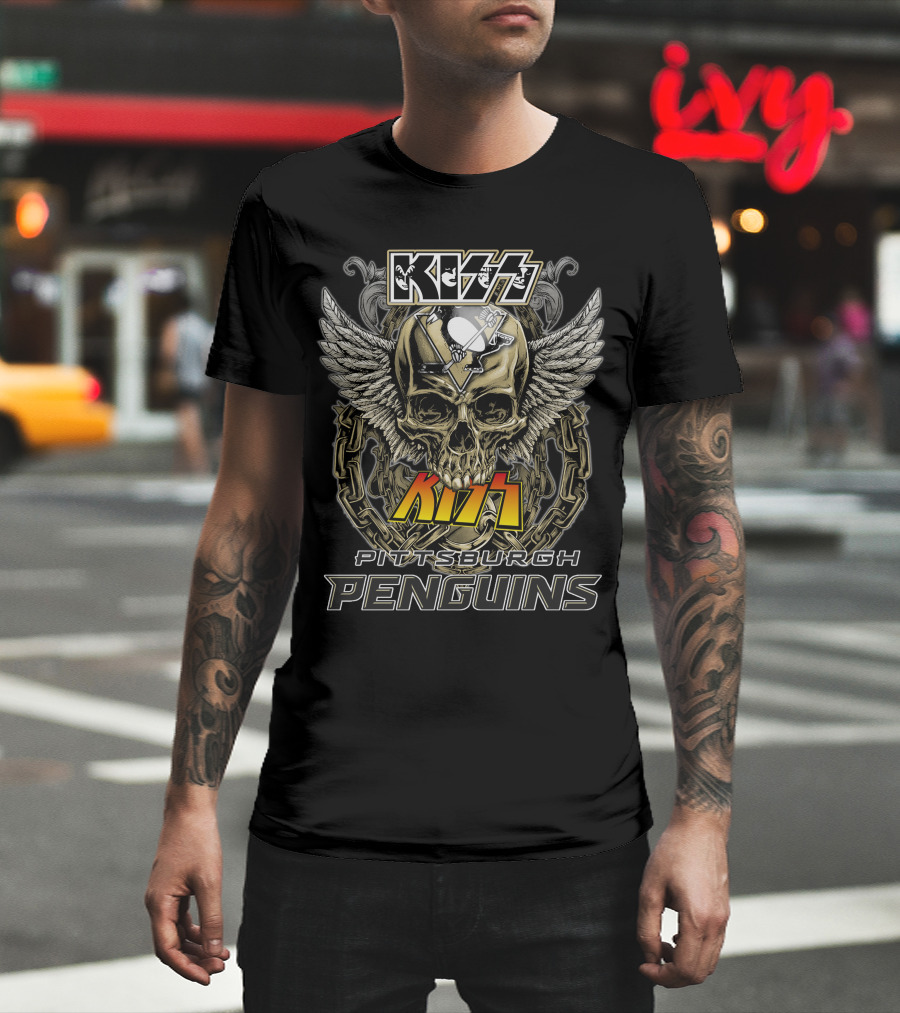 Kiss Pittsburgh Penguins Skull Wings Chains T-Shirt
