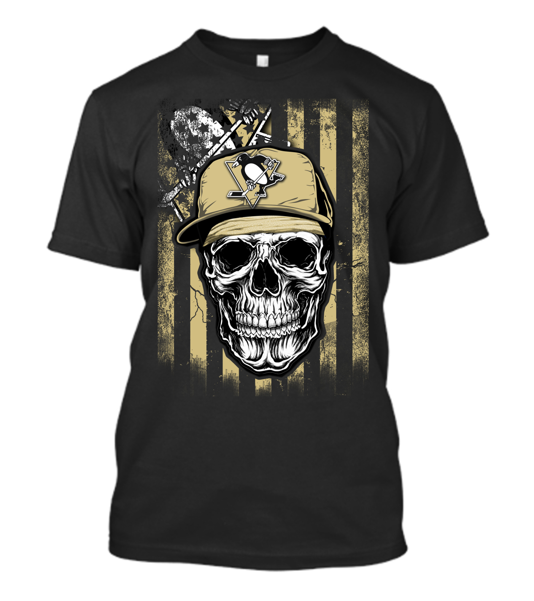 Skull Wearing Pittsburgh Penguins Logo Cap On T-Shirt