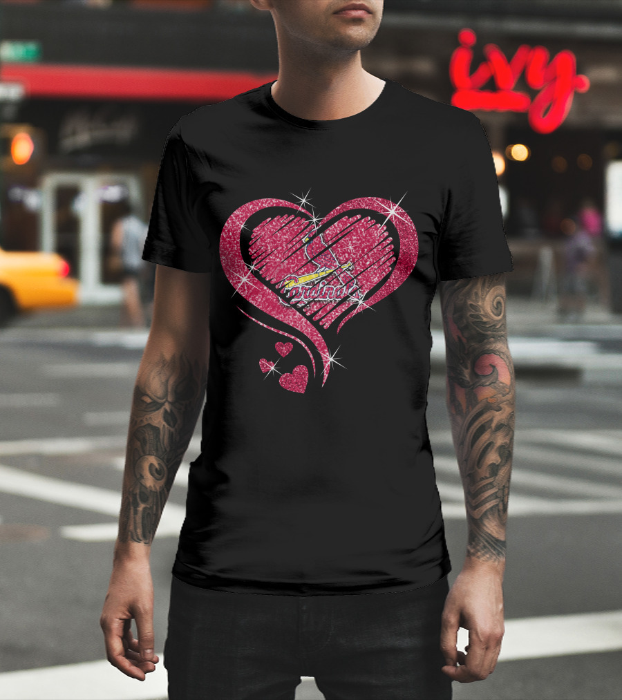 St. Louis Cardinals Heart Glitter Diamond Logo Sparkle T-Shirt