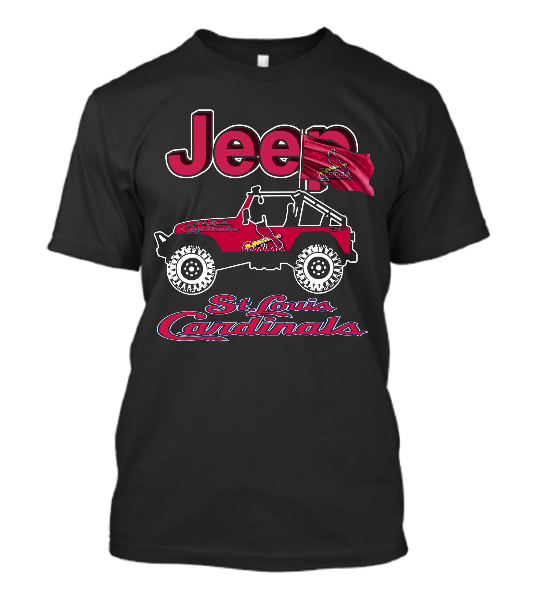 Jeep St. Louis Cardinals Logo With Red Off-Road Vehicle And Flag T-Shirt