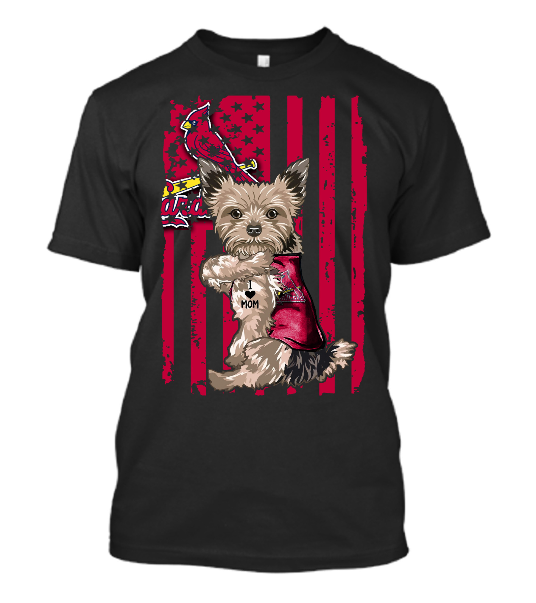 Yorkshire Terrier I Love Mom St. Louis Cardinals Usa Flag Stars Stripes T-Shirt