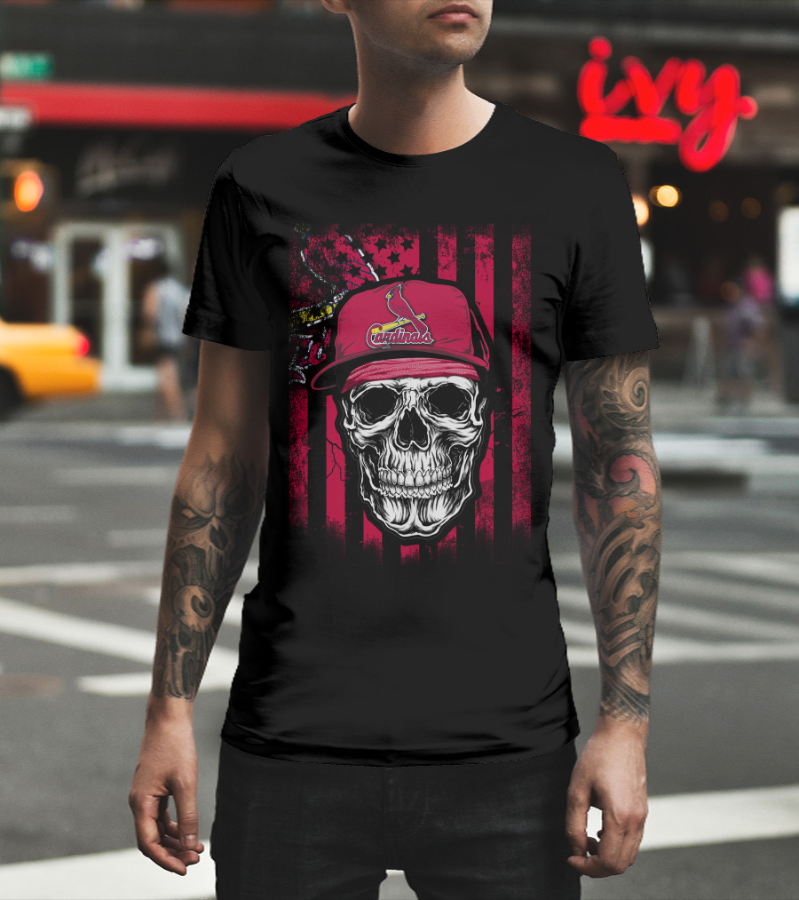 Skull St. Louis Cardinals Hat With American Flag Background T-Shirt
