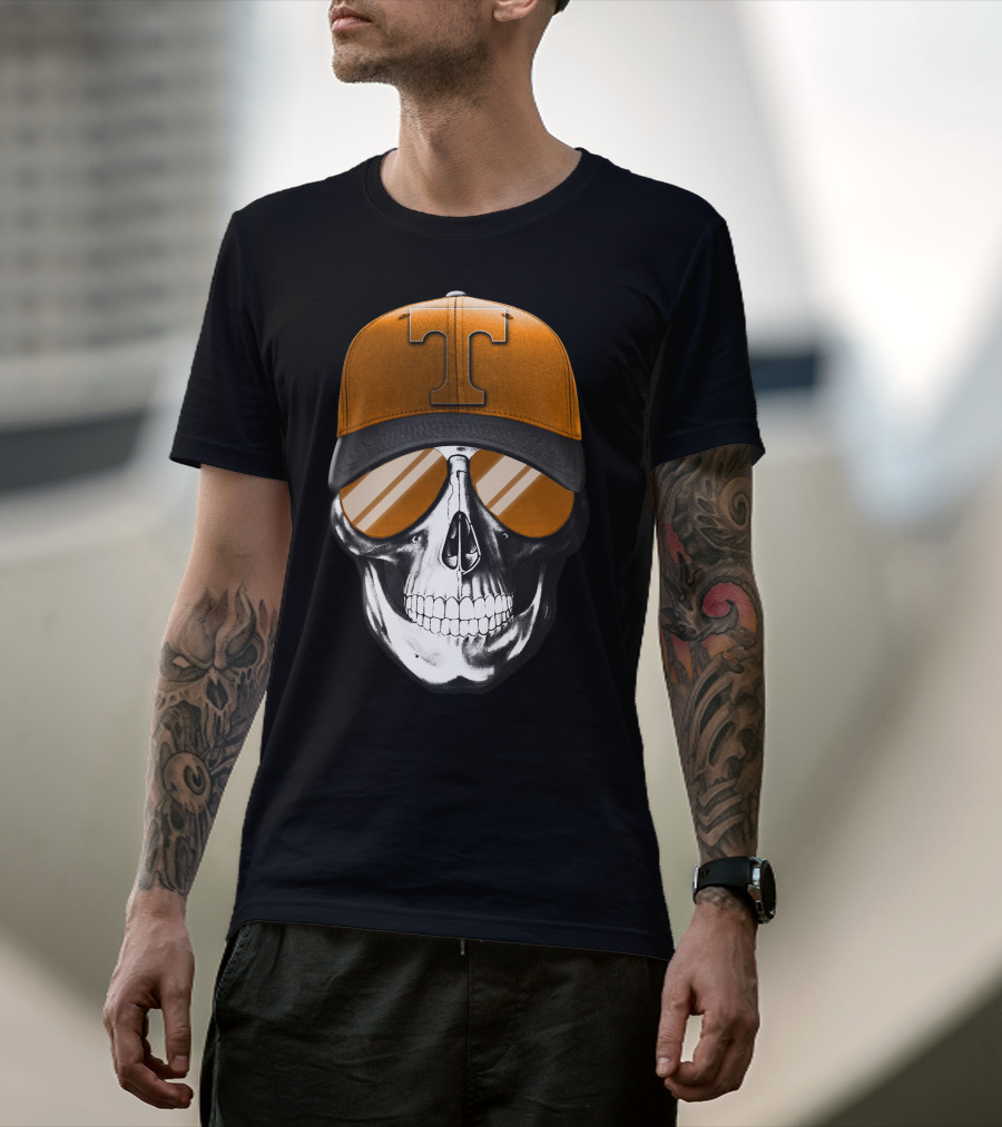 Tennessee Volunteers Skull With Orange Hat And Sunglasses T-Shirt