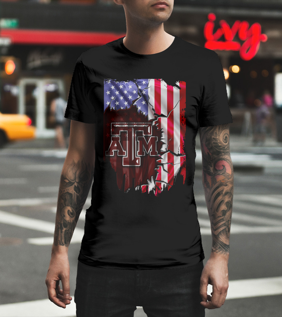 Texas A&M Aggies American Flag Torn Background T-Shirt