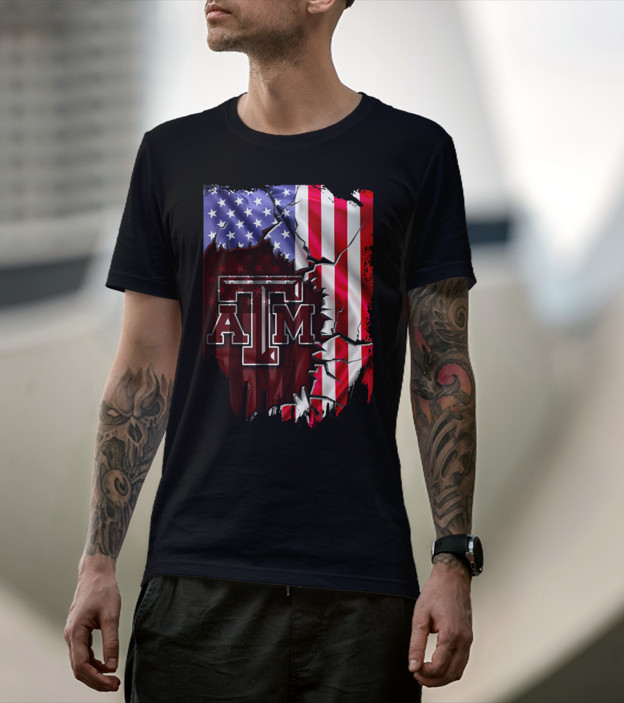 Texas A&M Aggies American Flag Torn Background T-Shirt