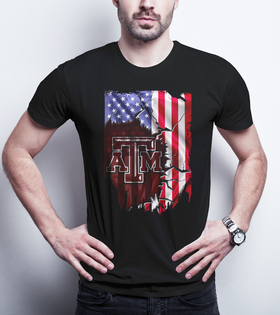 Texas A&M Aggies American Flag Torn Background T-Shirt