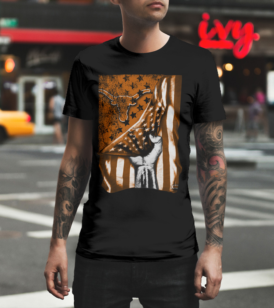 Texas Longhorns Stars And Stripes Flag Hand T-Shirt