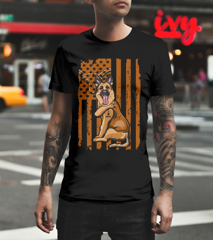 German Shepherd I Love Mom Texas Longhorns American Flag T-Shirt