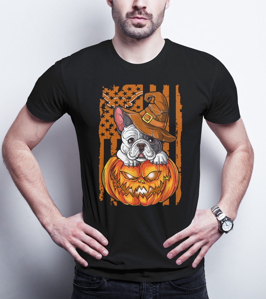 Hlw Bulldog Halloween Pumpkin Wizard Hat Stars Stripes T-Shirt