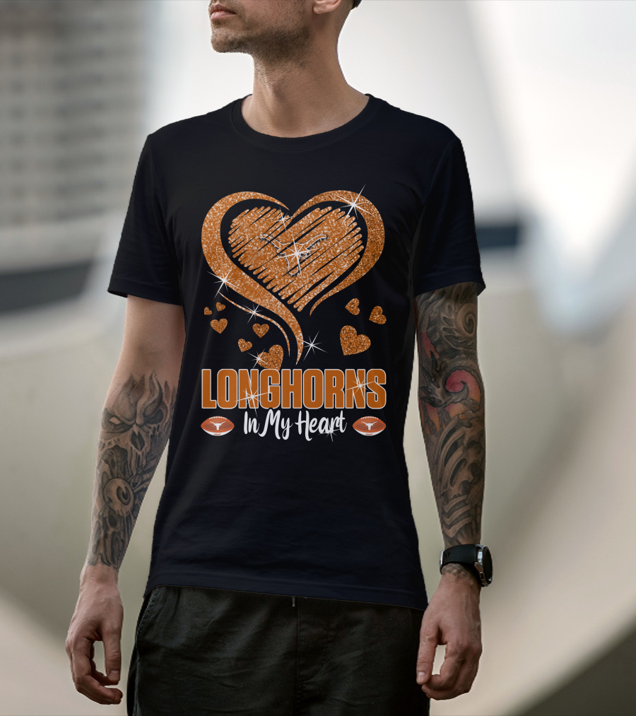 Longhorns In My Heart Glittering Orange With Football Icons T-Shirt
