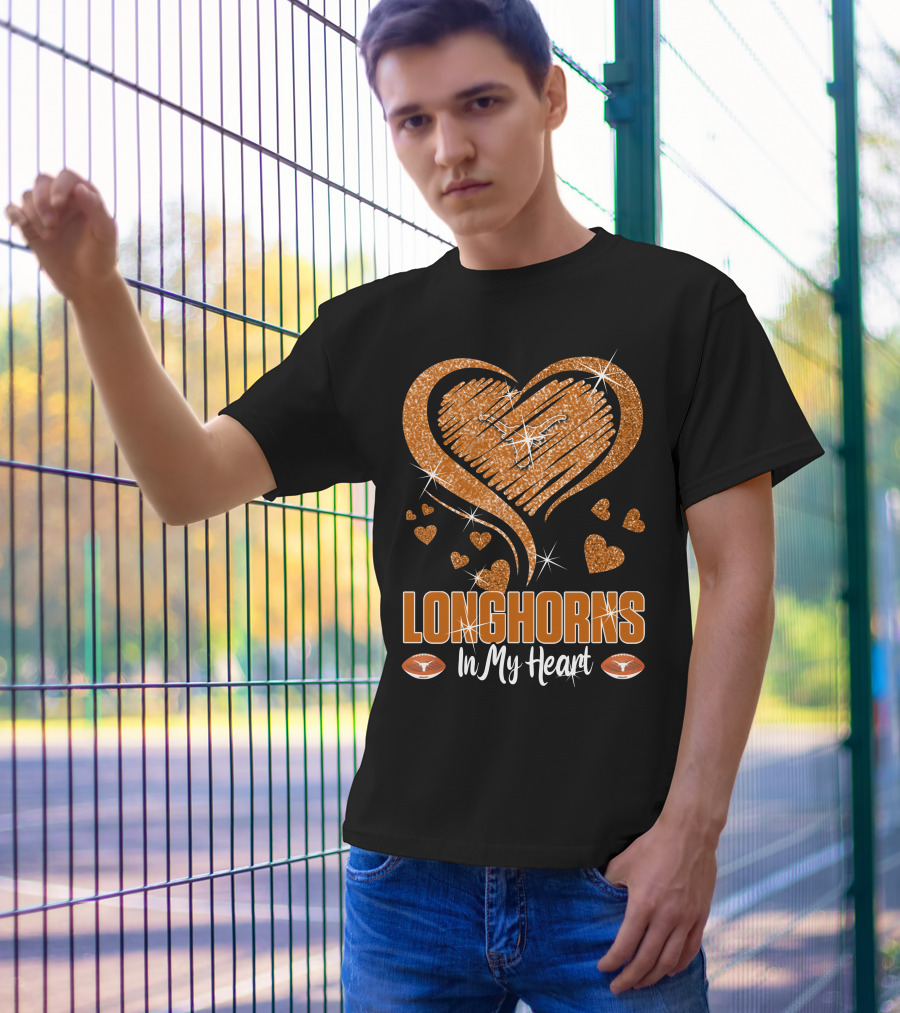 Longhorns In My Heart Glittering Orange With Football Icons T-Shirt