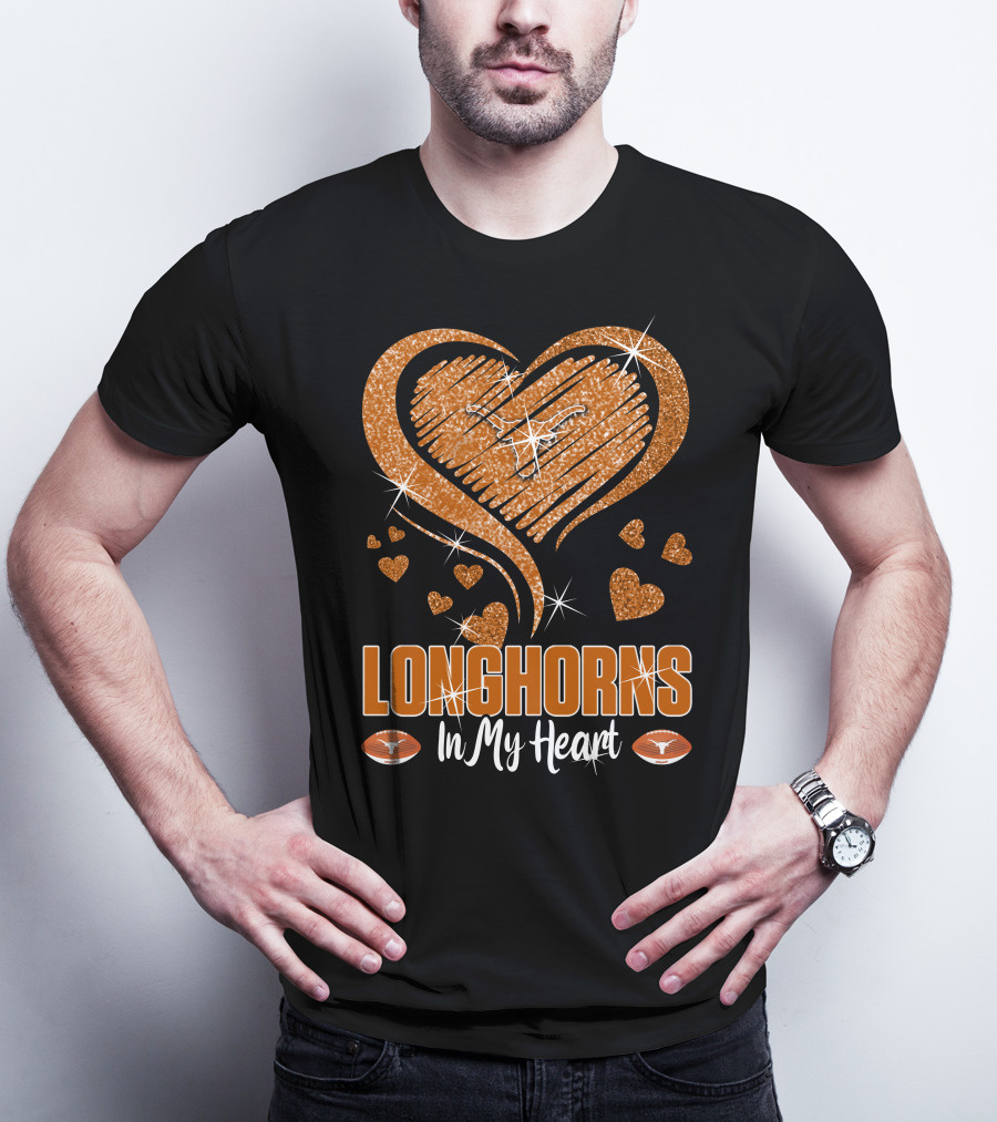 Longhorns In My Heart Glittering Orange With Football Icons T-Shirt
