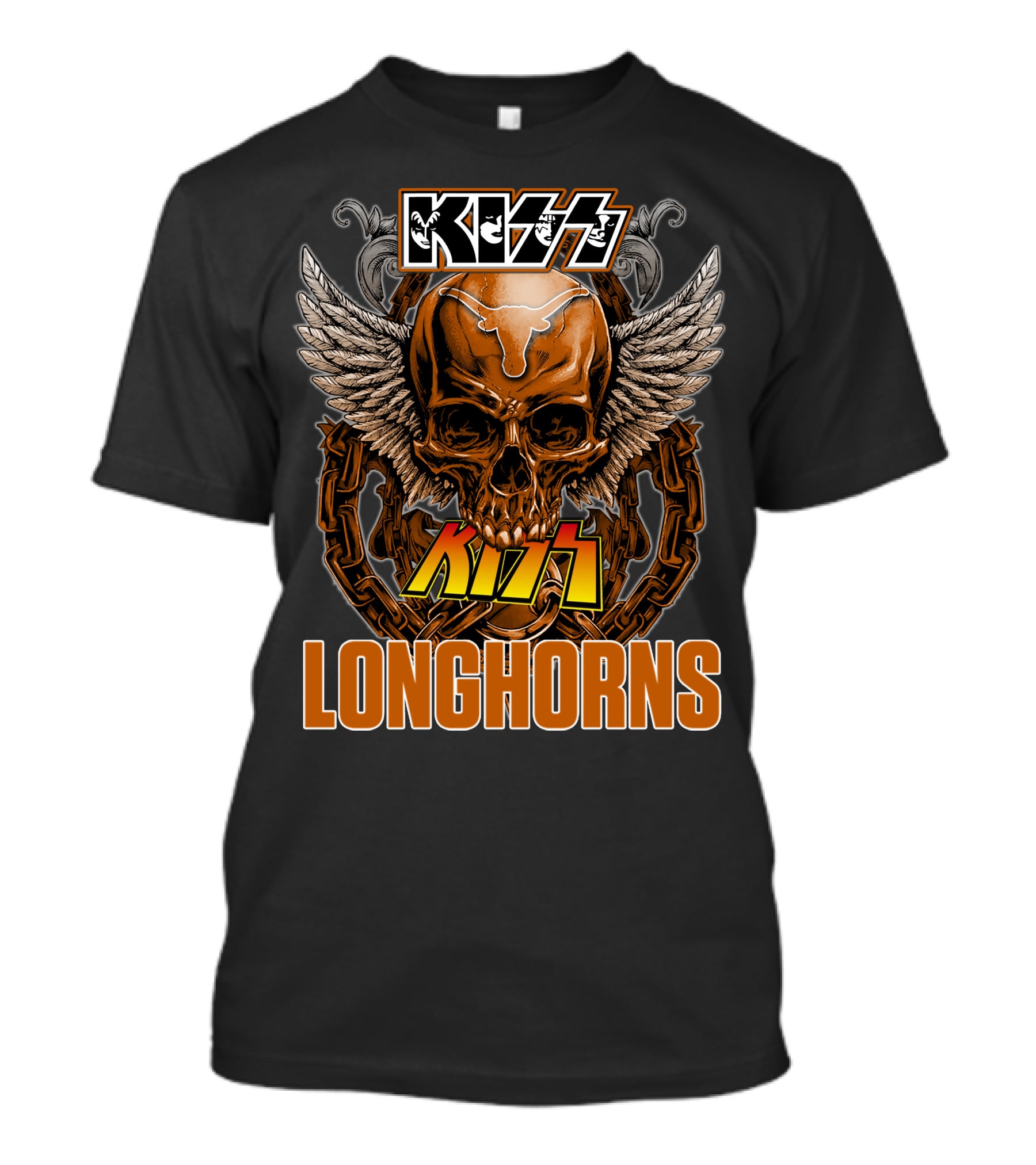 Kiss Texas Longhorns Skull With Wings And Chains T-Shirt