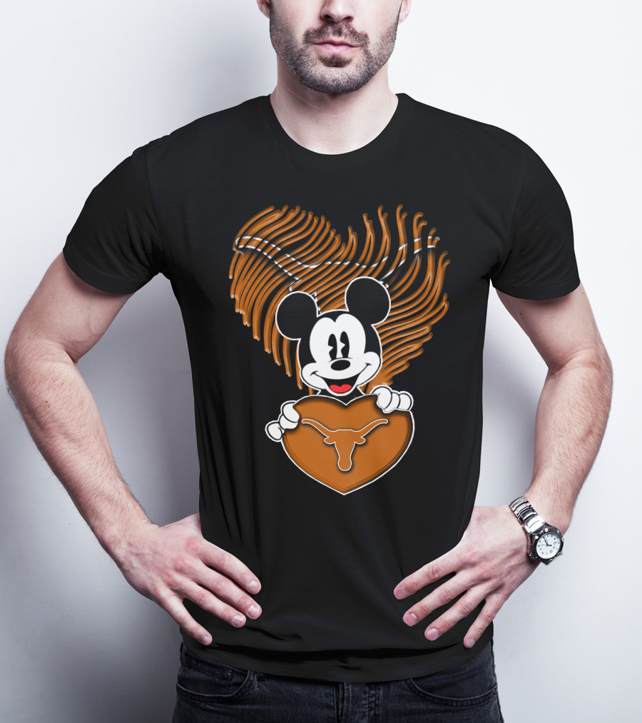 Mick Mouse And Texas Longhorns Heart T-Shirt