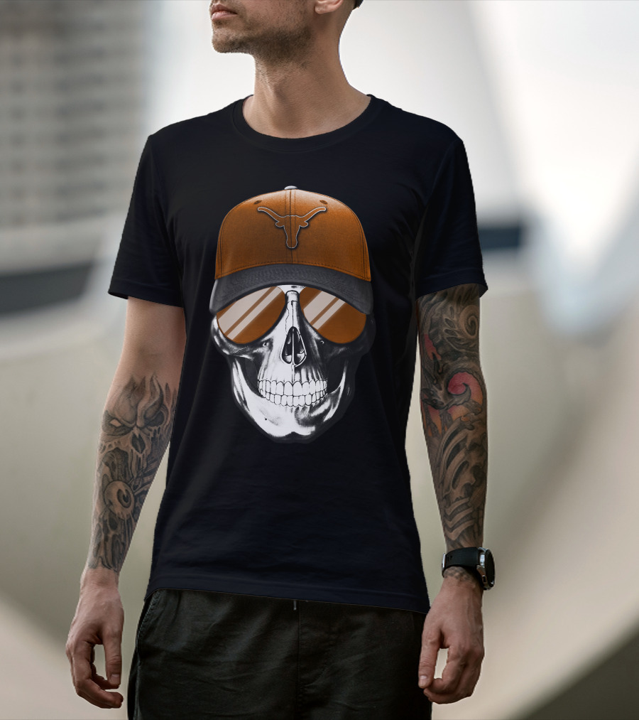 Skull With Texas Longhorns Cap And Sunglasses T-Shirt