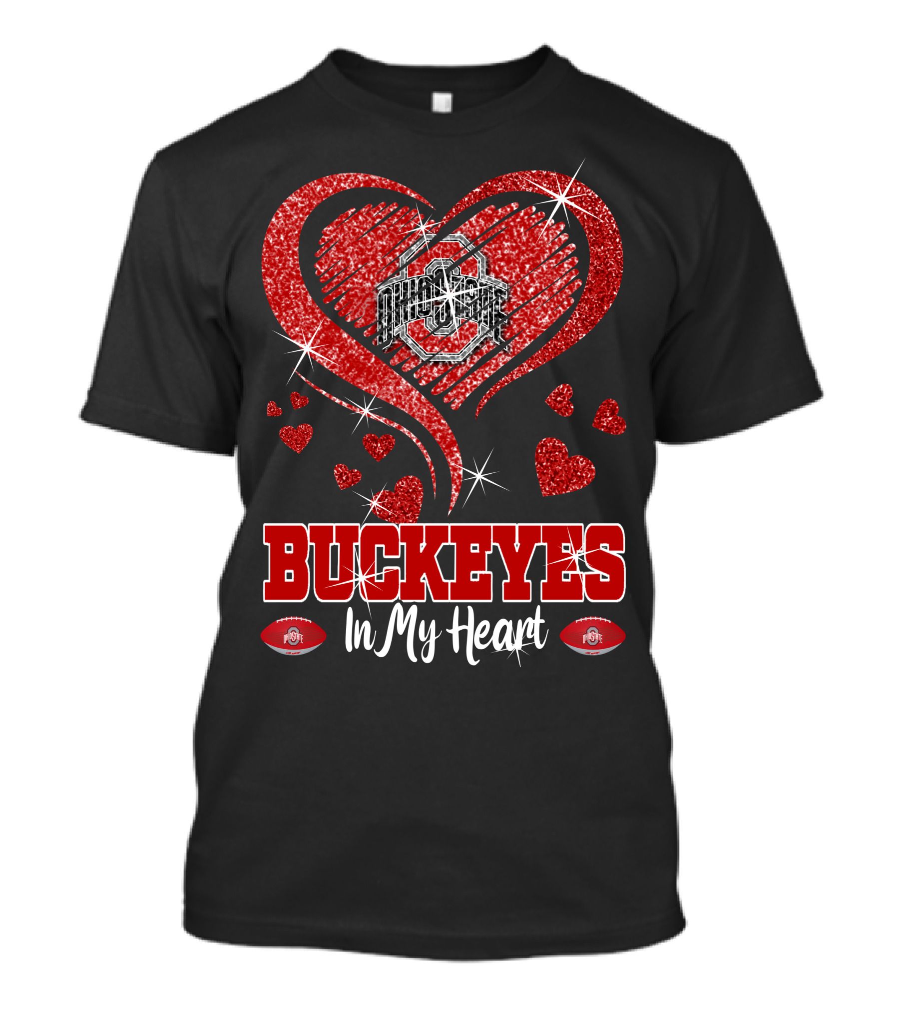 Buckeyes In My Heart Ohio State University Red Glitter Hearts Football T-Shirt