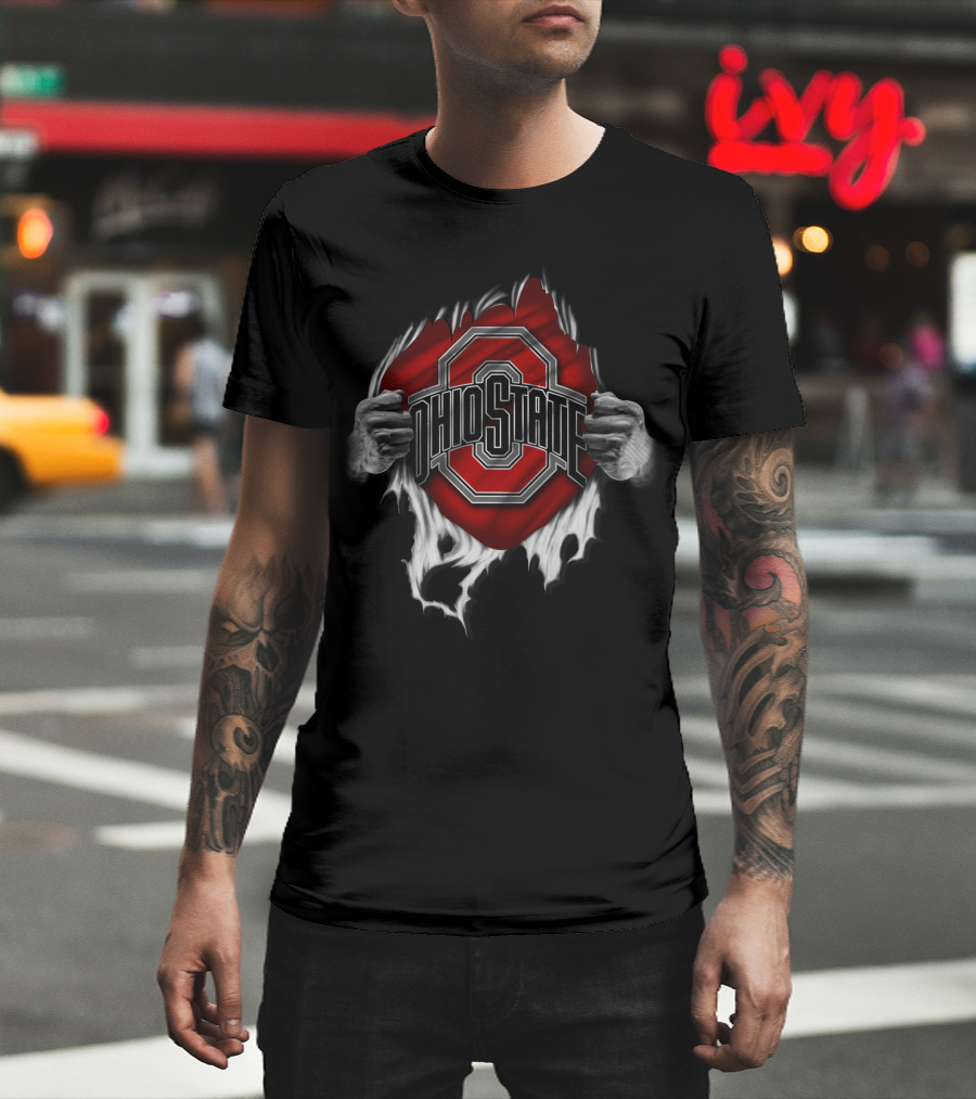 Torn Ohio State Buckeyes Logo With Hands Ripping Through Background T-Shirt
