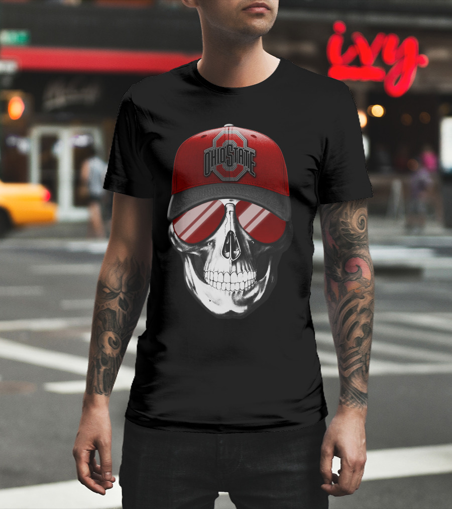 Ohio State Buckeyes Skull With Red Cap And Sunglasses T-Shirt