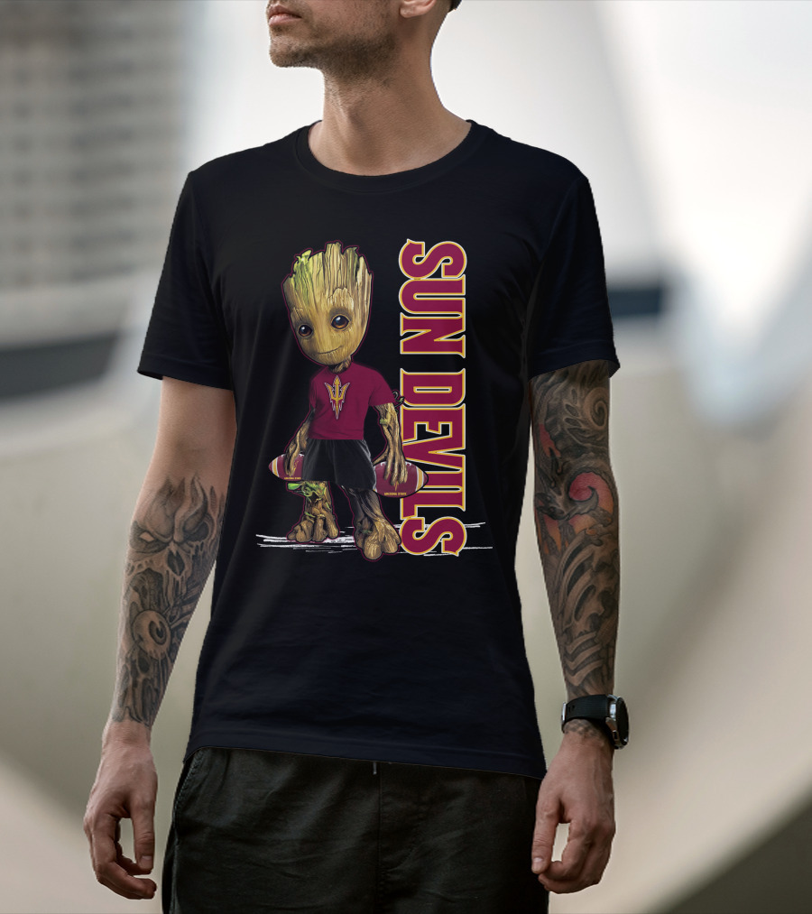 Groot Sun Devils Football Character In Maroon And Gold Team T-Shirt