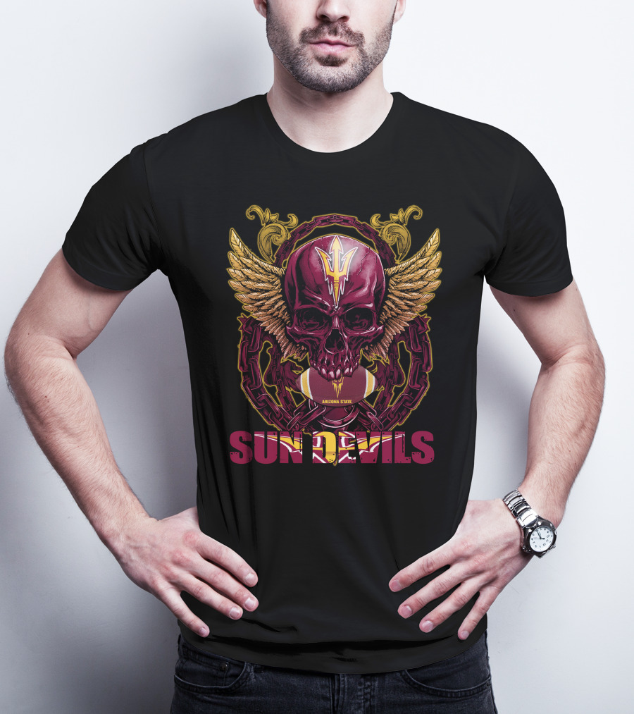 Arizona State Sun Devils Skullfb Winged Skull Football T-Shirt