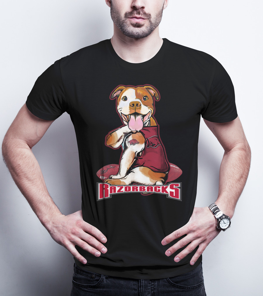 Razorbacks Pittbull Dog With Arkansas Football T-Shirt