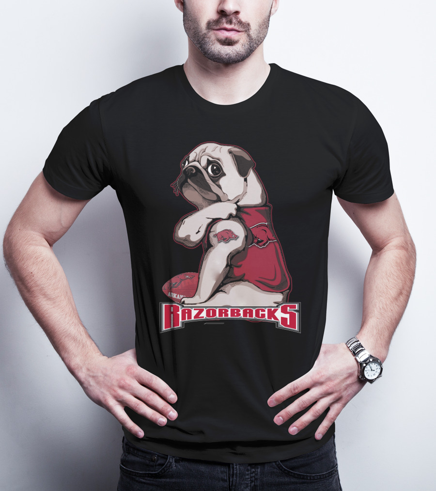 Pug Wearing Arkansas Razorbacks Football Gear T-Shirt
