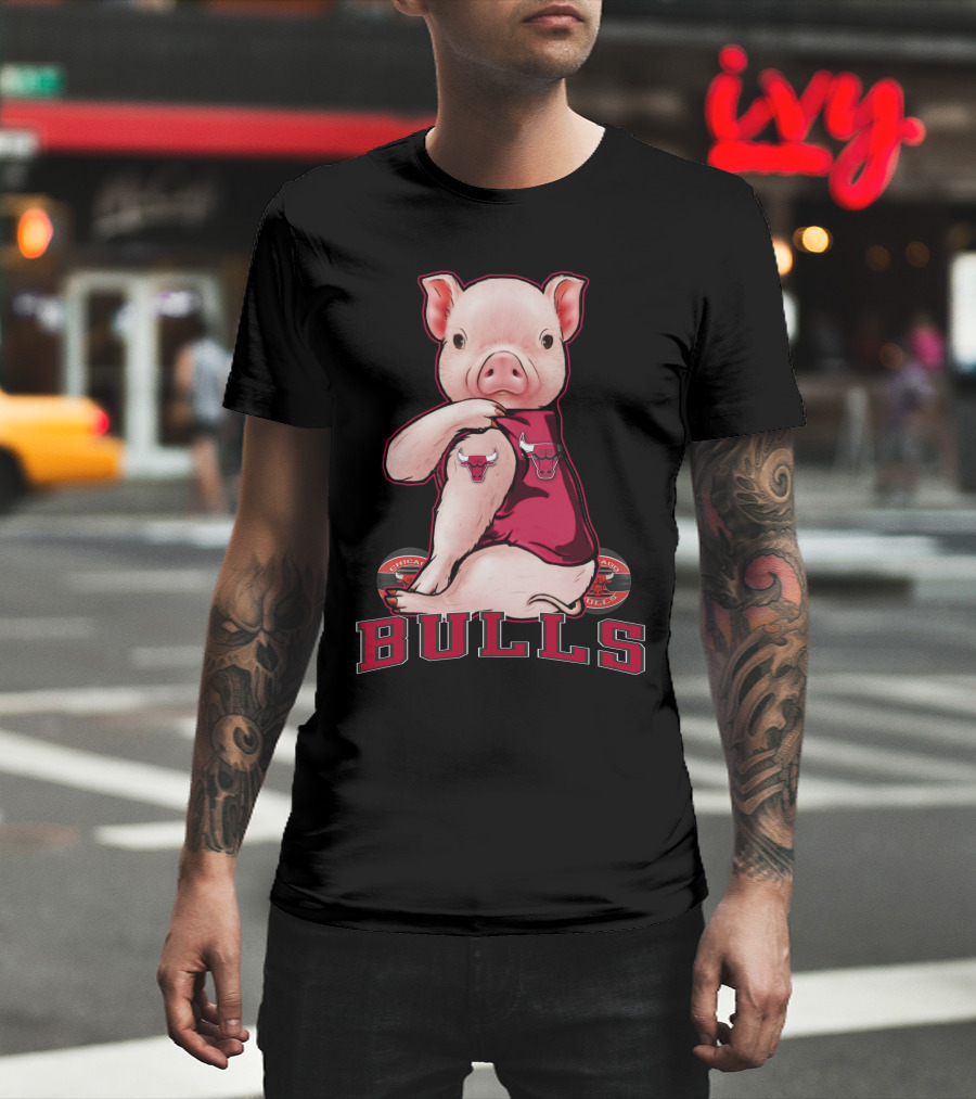 Pig With Chicago Bulls Logo On Jersey And Bulls Emblem T-Shirt