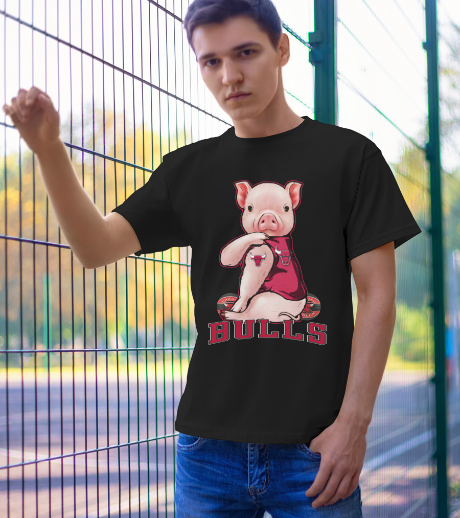 Pig With Chicago Bulls Logo On Jersey And Bulls Emblem T-Shirt