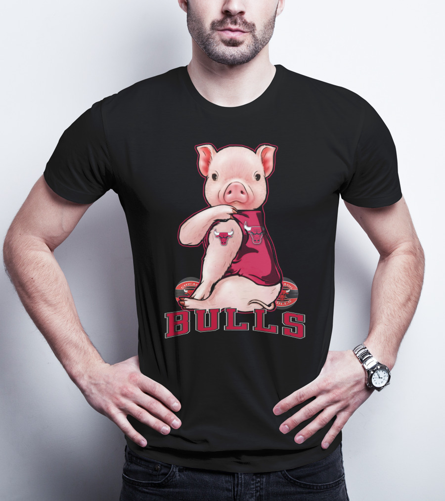 Pig With Chicago Bulls Logo On Jersey And Bulls Emblem T-Shirt