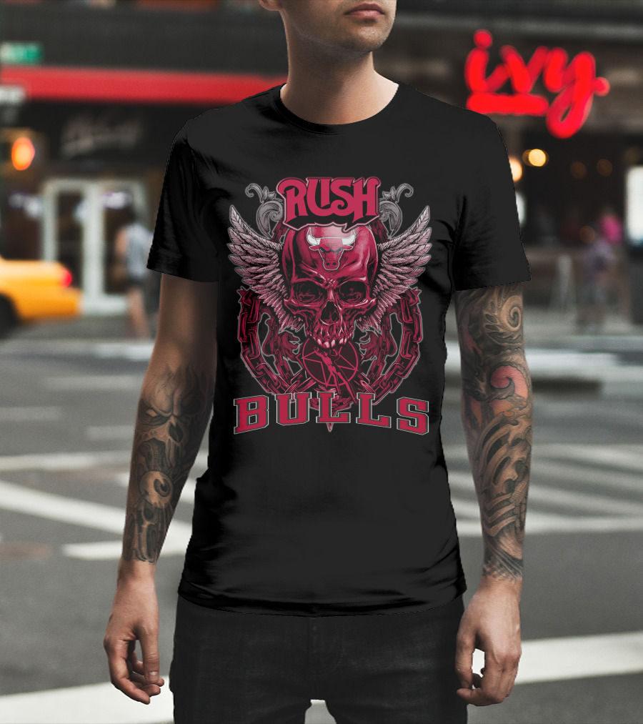 Rush Chicago Bulls Skull With Horns And Wings T-Shirt