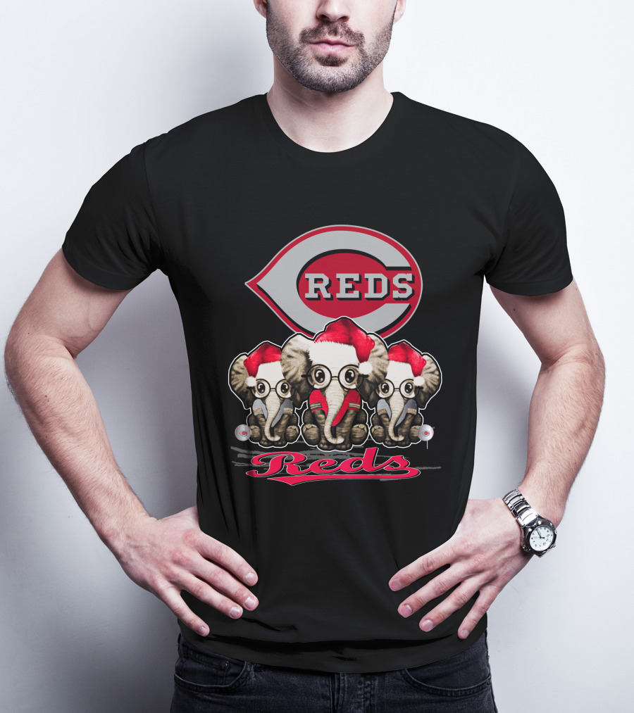 Cincinnati Reds Christmas Elephants In Santa Hats T-Shirt