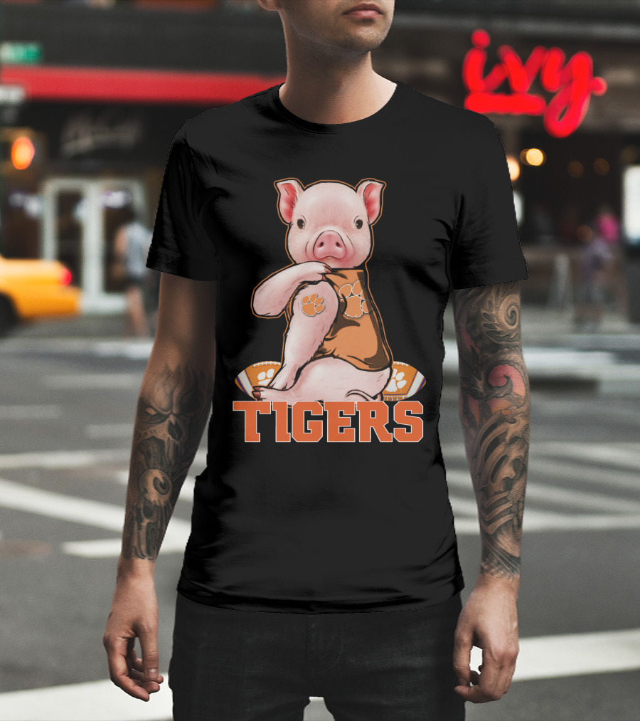 Pig Wearing Clemson Tigers Jersey Football Motif T-Shirt