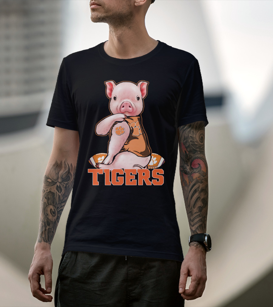 Pig Wearing Clemson Tigers Jersey Football Motif T-Shirt