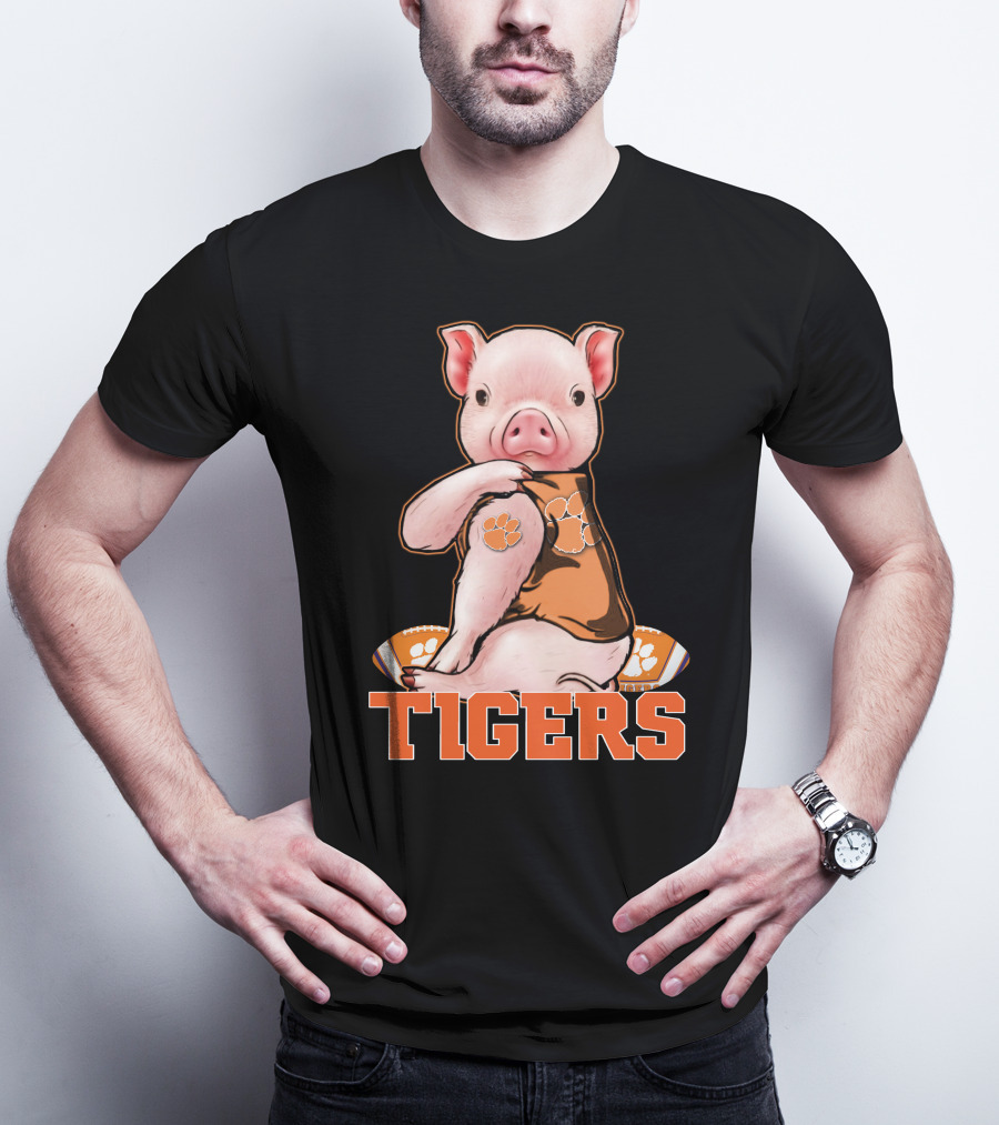 Pig Wearing Clemson Tigers Jersey Football Motif T-Shirt