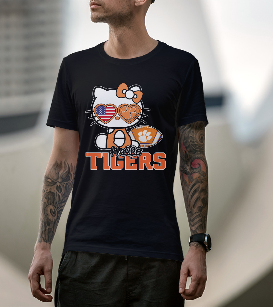 Hello Kitty Clemson Tigers Football USA Bow Paw Prints T-Shirt