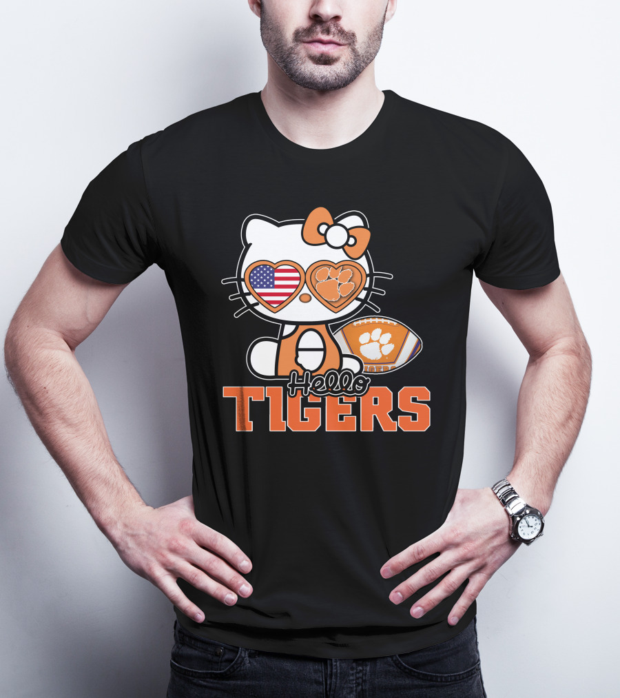 Hello Kitty Clemson Tigers Football USA Bow Paw Prints T-Shirt