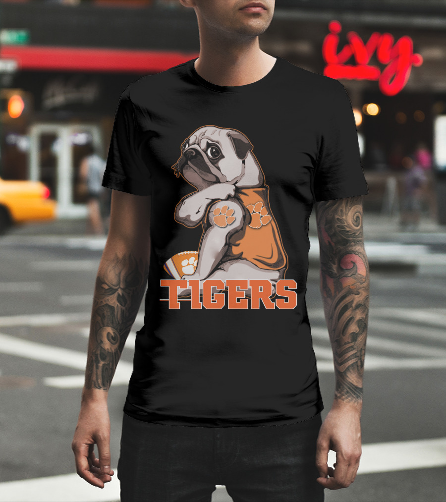 Pug Wearing Clemson Tigers Jersey With Paw Prints Football T-Shirt