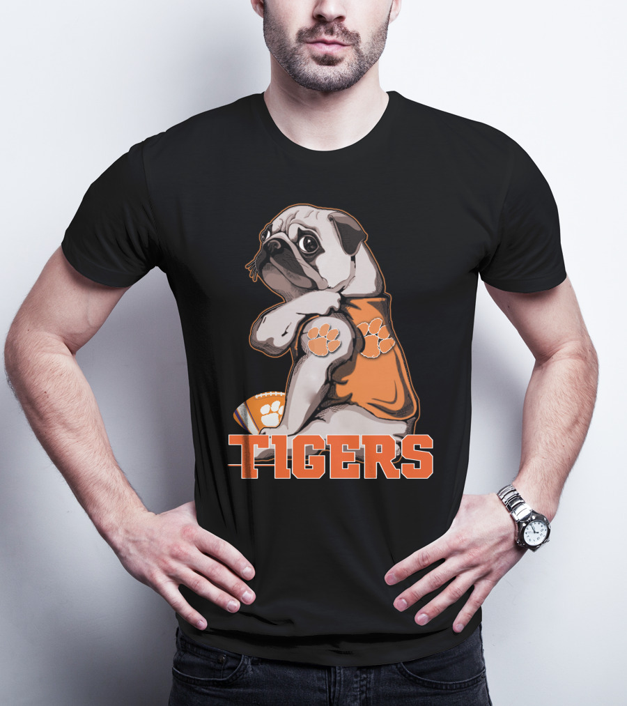 Pug Wearing Clemson Tigers Jersey With Paw Prints Football T-Shirt