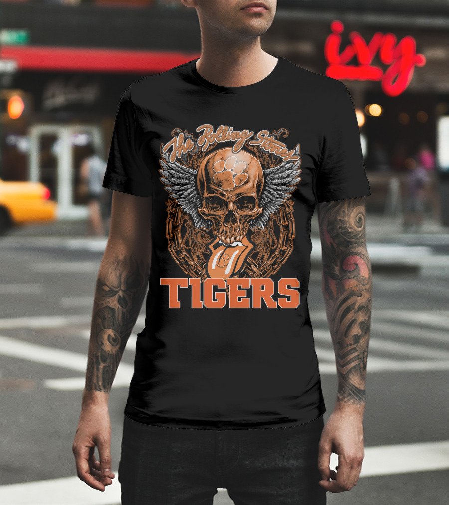 The Rolling Stones Skull With Clemson Tigers Paw And Wings T-Shirt