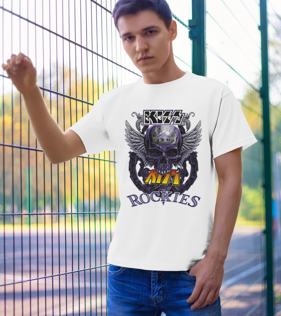 Kiss Colorado Rockies Skull Wings Logo Fusion T-Shirt