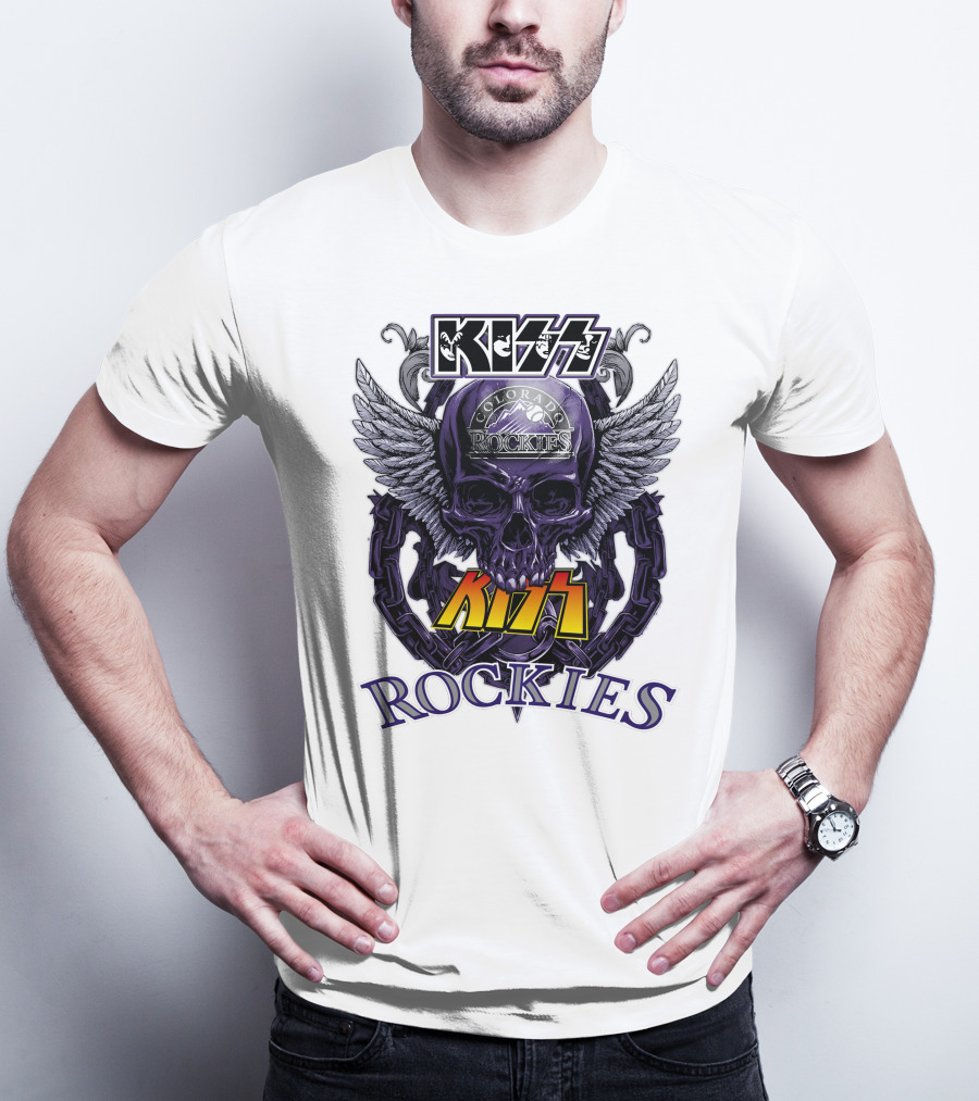 Kiss Colorado Rockies Skull Wings Logo Fusion T-Shirt
