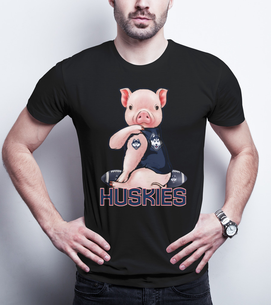 Pig Wearing Connecticut Huskies Logo Football Mascot T-Shirt