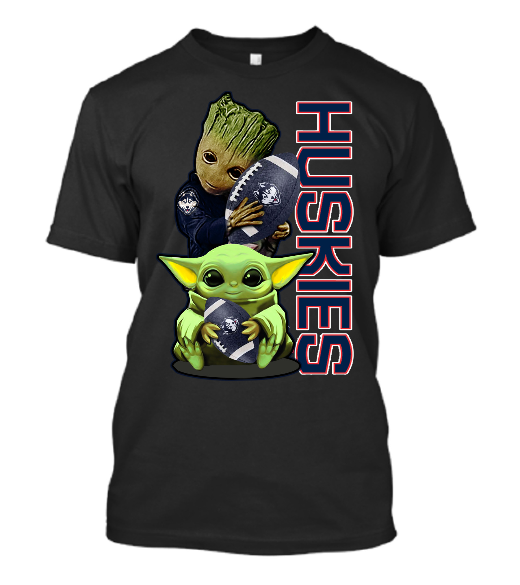 Grzd Connecticut Huskies Groot And Baby Yoda Football Team Spirit T-Shirt