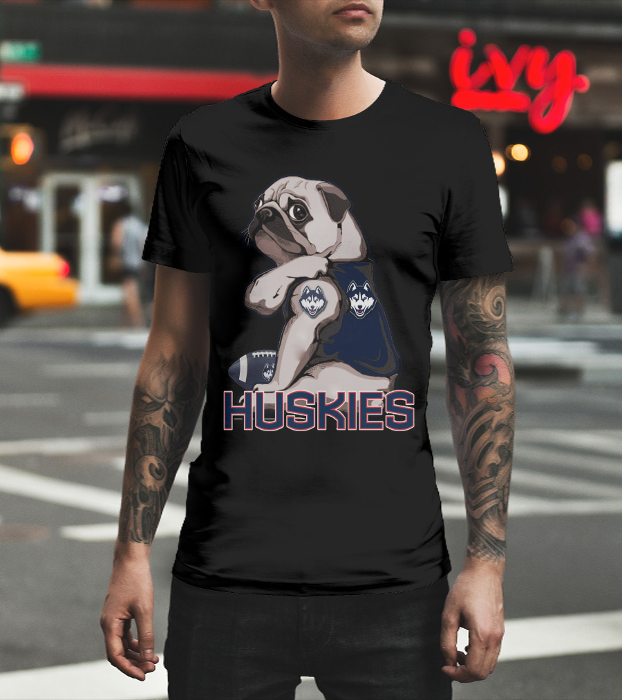 Pug With Connecticut Huskies Logo And Football T-Shirt